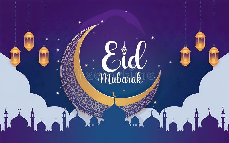 Eid Mubarak Greeting Card with Golden Crescent Moon and Lanterns Stock ...