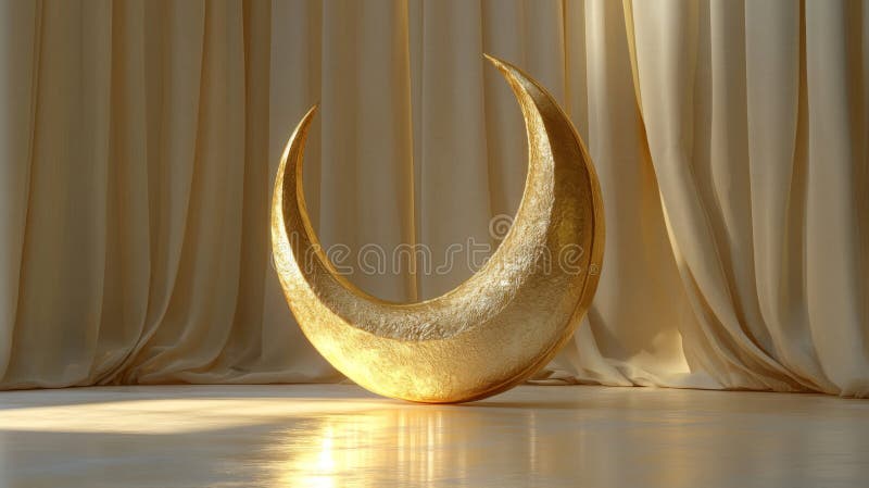 Golden Crescent Moon Sculpture Against Draped Curtains Stock ...