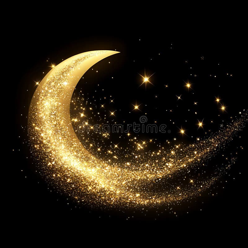 Golden Crescent Moon with Sparkling Stardust Trail Night Sky Design ...