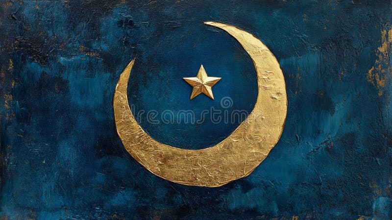 Golden Crescent Moon and Star on Dark Blue Canvas Stock Illustration ...