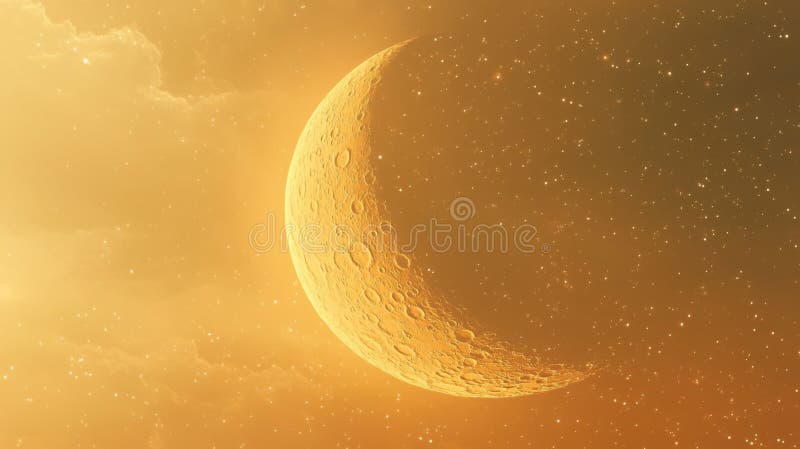 Golden Crescent Moon in a Starry Cosmos Stock Illustration ...