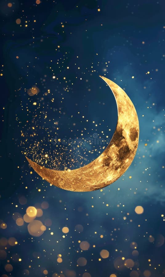 Golden Crescent Moon with Stars and Clouds on Dark Night Sky Background ...