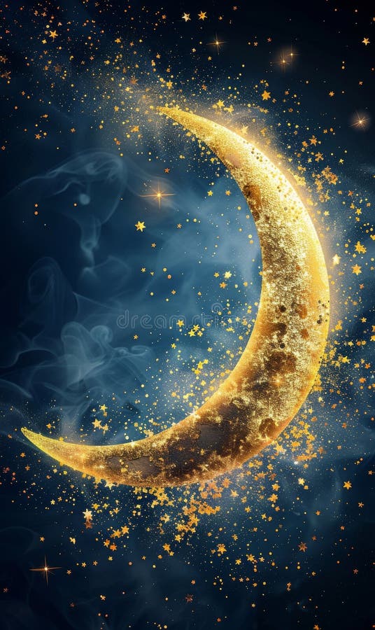 Golden Crescent Moon with Stars and Clouds on Dark Night Sky Background ...