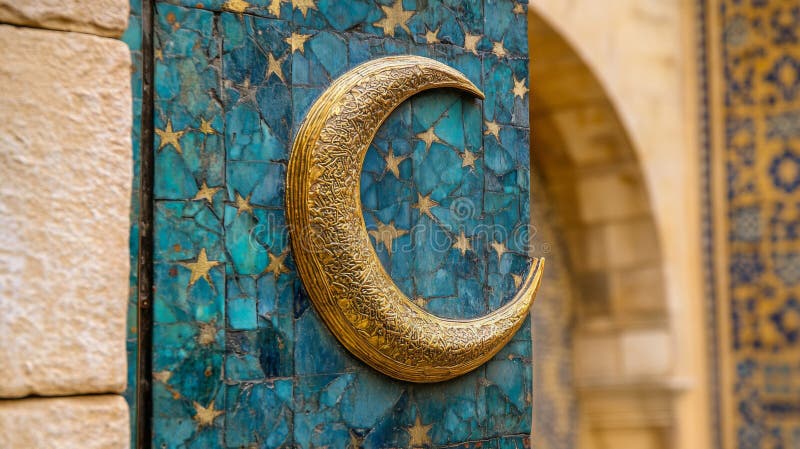 Golden Crescent Moon on Turquoise Starry Mosaic Stock Illustration ...