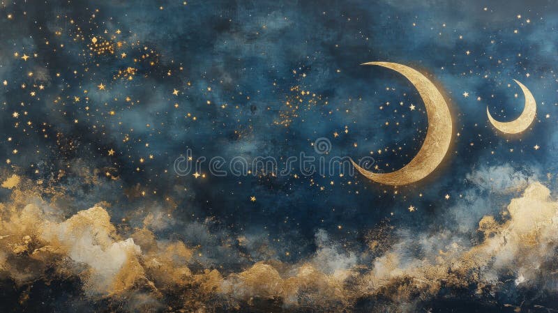 Golden Crescent Moons and Sparkling Stars in a Night Sky Stock ...