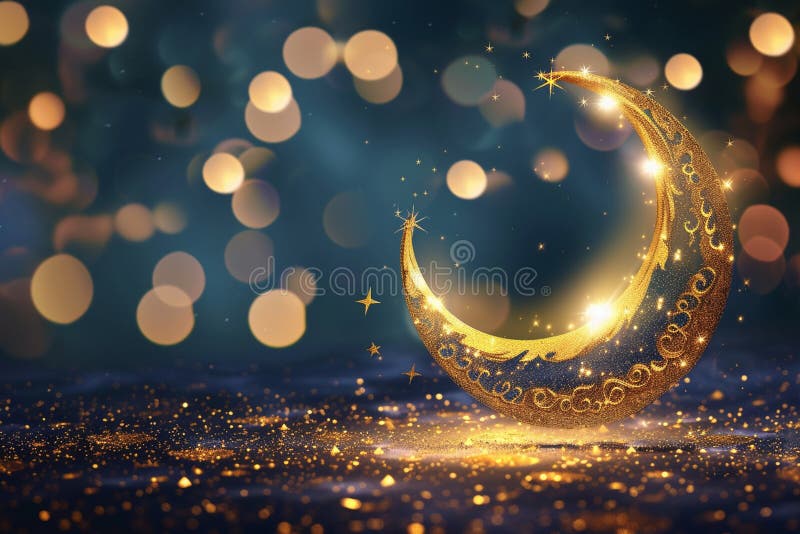 A Golden Crescent with Sparkling Lights in the Background Stock ...