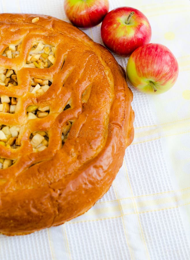 Golden Crispy Apple Pie on White Fabric Stock Image - Image of gourmet ...