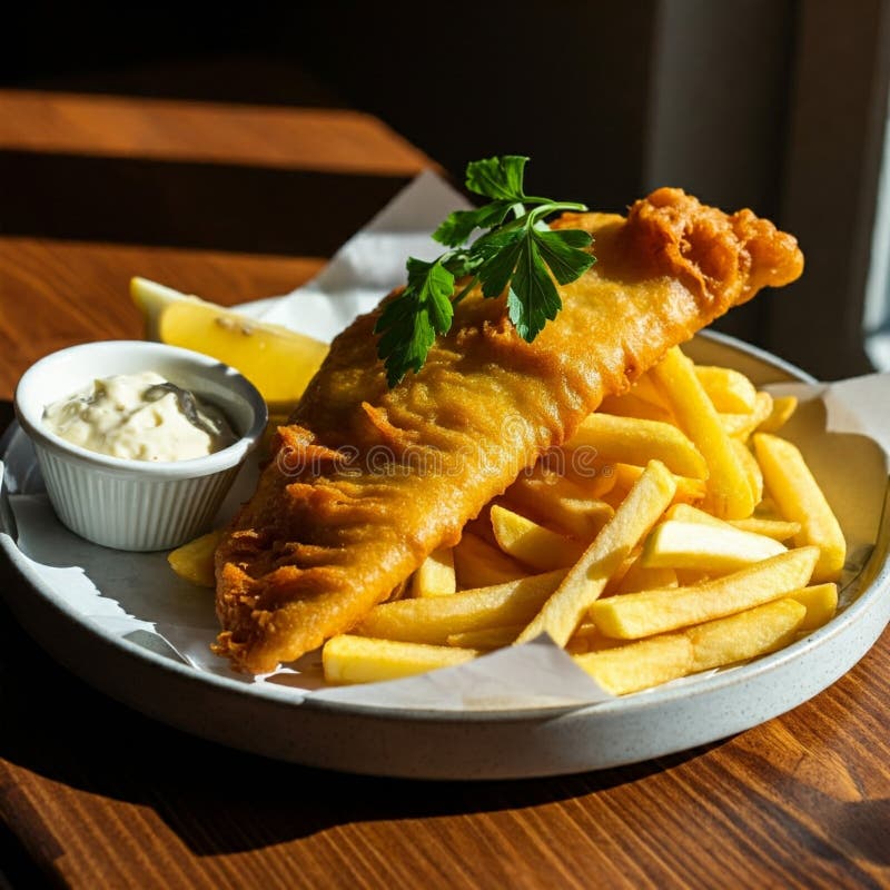 Golden Crispy Fish and Chips in Sunlit Caf Stock Illustration ...