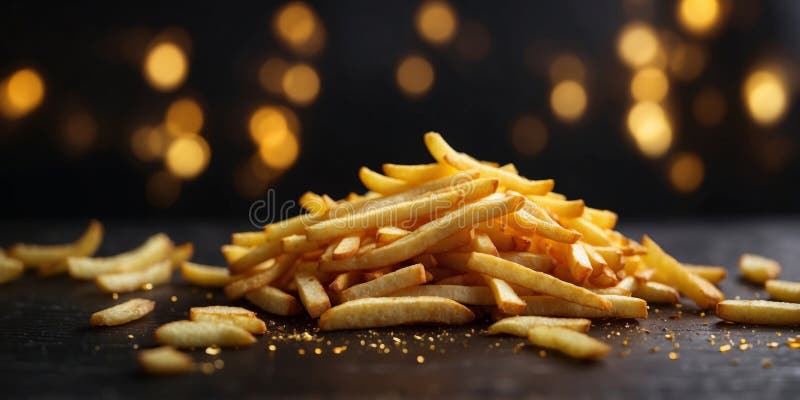 Golden Crispy French Fries on Dark Table. Stock Photo - Image of ...