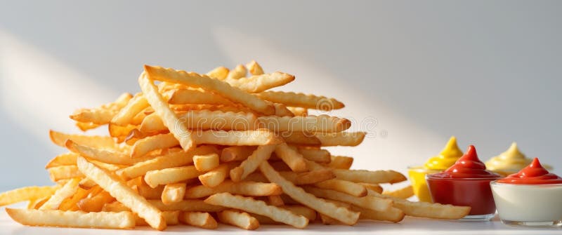Golden Crispy French Fries Stack with Dipping Sauces Stock Image ...