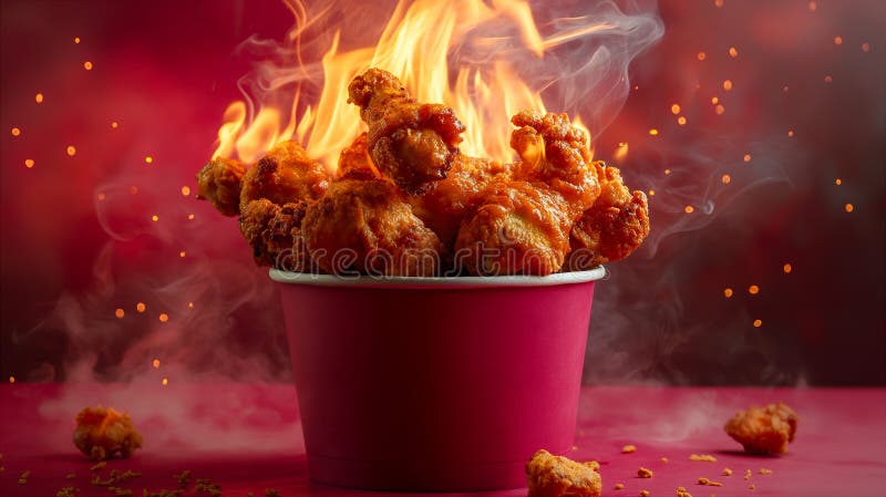 Delicious Fried Chicken Surrounded by Flames in a Bold Red Bucket ...