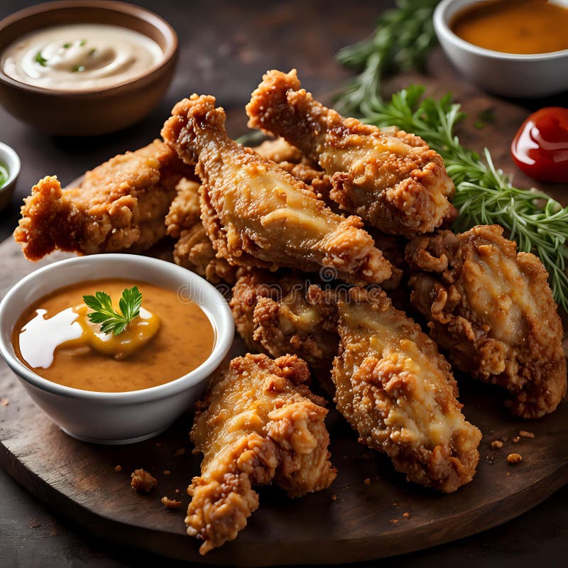 Golden Crispy Fried Chicken Set on the Table with Side Dishes Stock ...