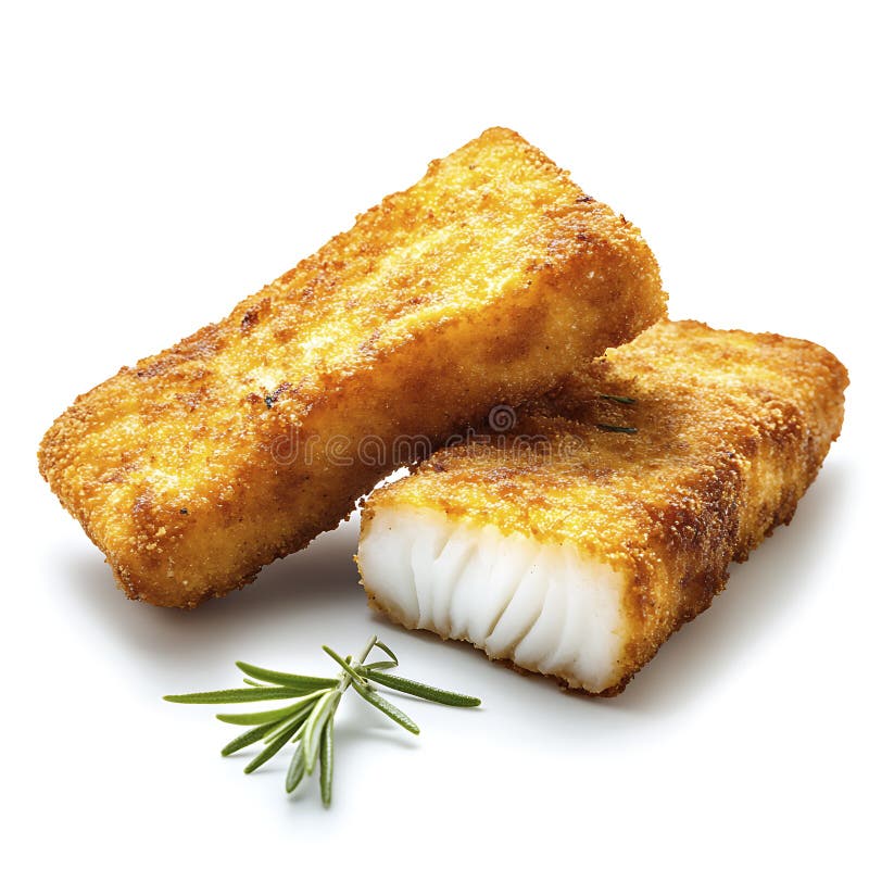 Golden Crispy Fried Fish Filets with Rosemary on White Background ...
