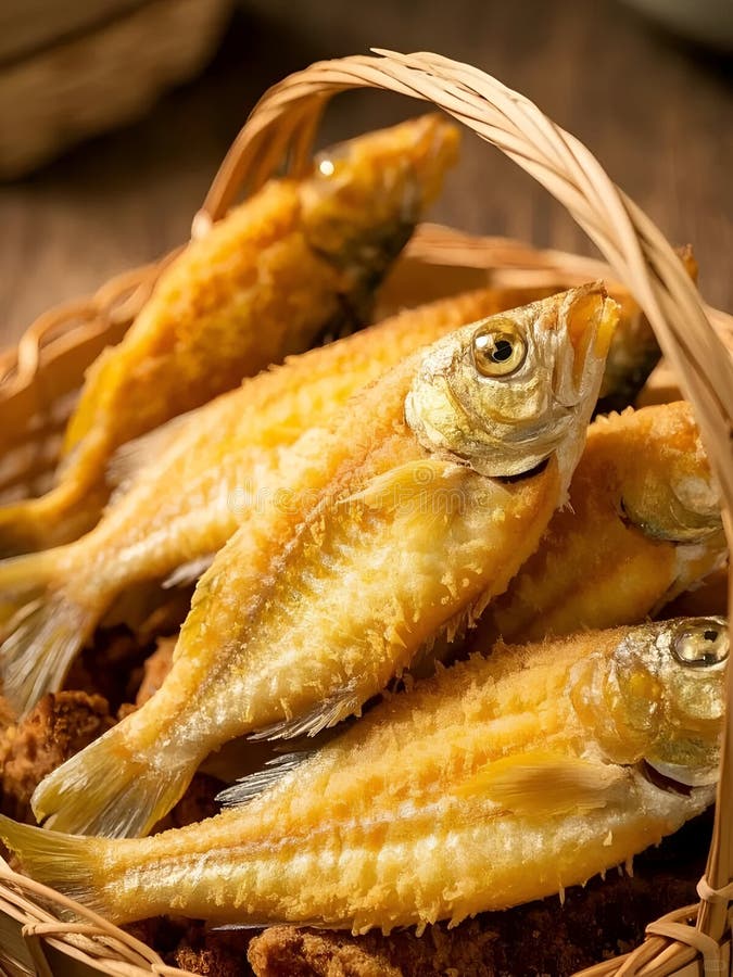 Golden Crispy Fried Fish in a Rustic Basket Stock Illustration ...