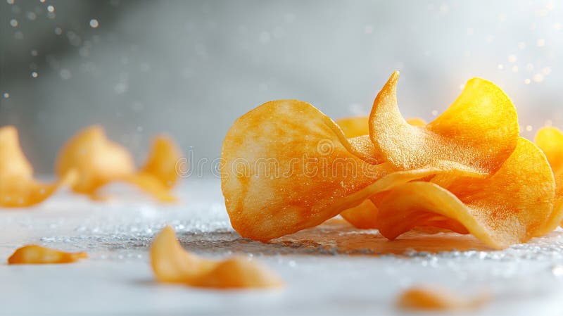 Crunchy Potato Chips Scattered on a Bright Surface with Sparkling Light ...