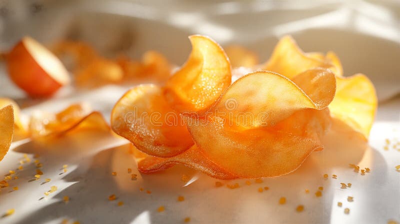 Crunchy Potato Chips Scattered on a Bright Surface with Sparkling Light ...