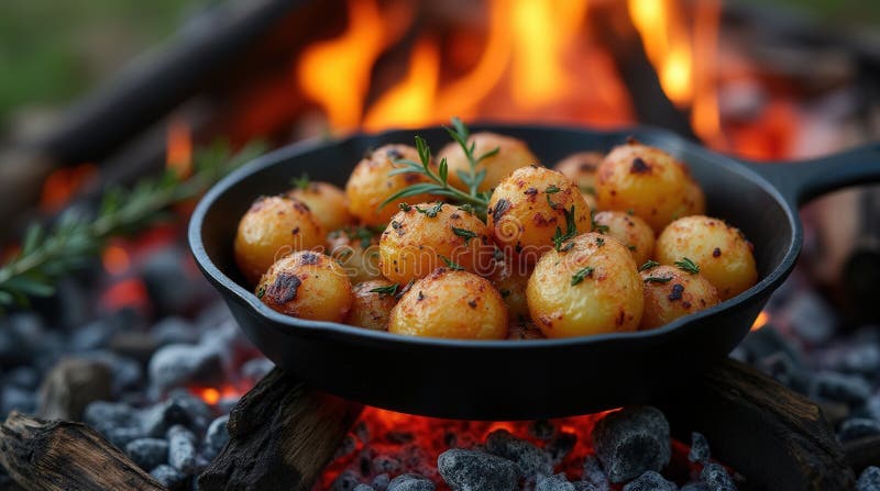 Golden Crispy Roasted Potatoes Cooked Over an Open Fire Outdoors Stock ...