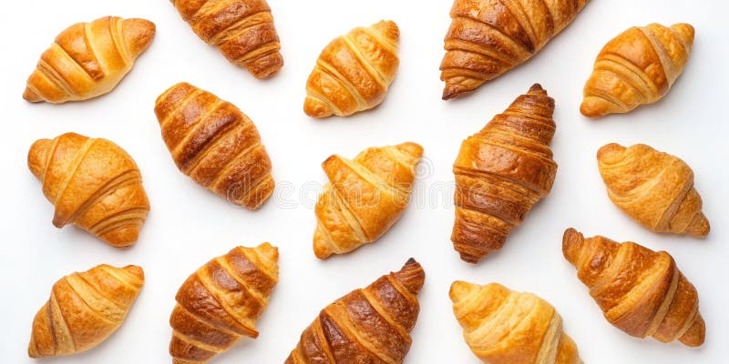 Golden Croissant Pastry Flat Lay on White Background, Bakery ...