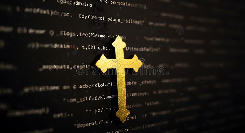 Golden Cross Amidst Digital Script, Symbolizing Faith in Technology ...