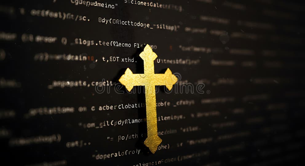 Golden Cross Amidst Digital Script, Symbolizing Faith in Technology ...