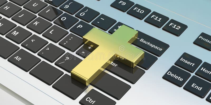 Golden Cross on Computer Laptop Keyboard. 3d Illustration Stock ...
