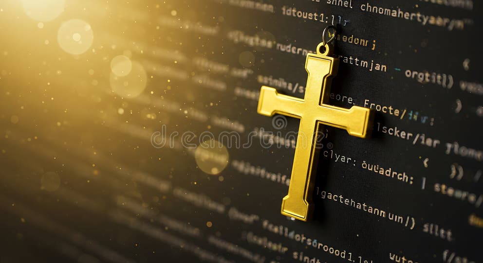 Golden Cross on Digital Background Symbolizing Faith in Technology ...