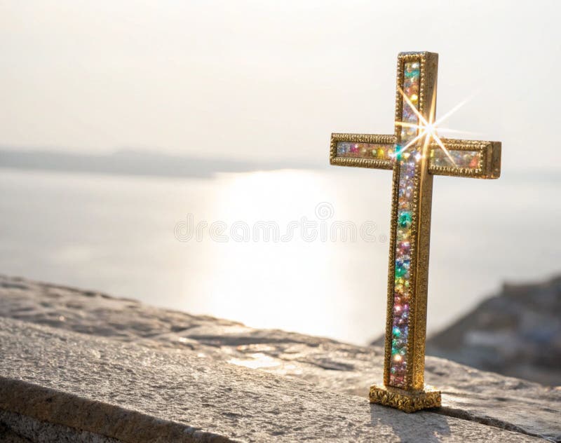 Golden Cross with Silver Sparkles and Rainbow Light. View from a ...