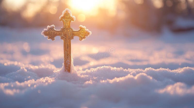 Golden Cross Standing in Snow with Sunset Glow Stock Illustration ...