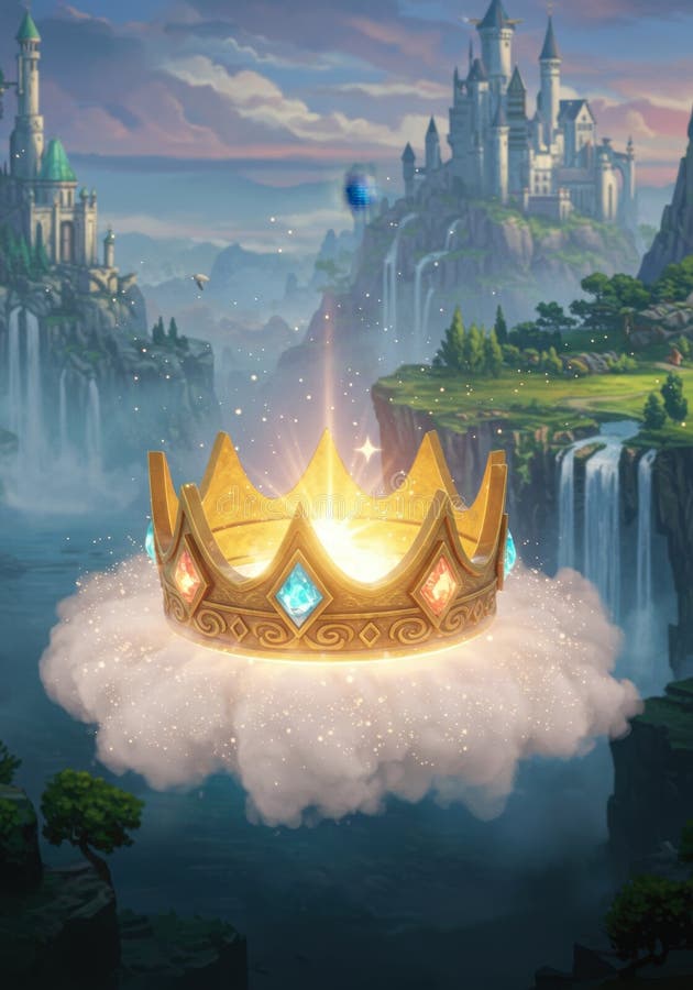 Golden Crown on Clouds Above Fantasy Kingdom Stock Illustration ...