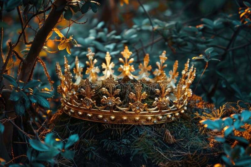Golden Crown Sitting Atop a Dense and Vibrant Green Forest Stock Photo ...