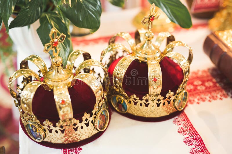 Golden Crowns Lying on the Table in Church Stock Photo - Image of crown ...