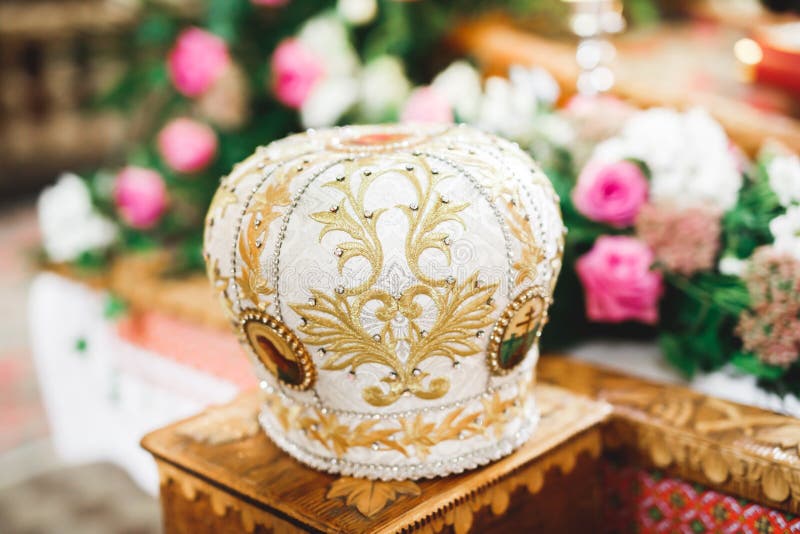Golden Crowns Lying on the Table in Church Stock Photo - Image of ...
