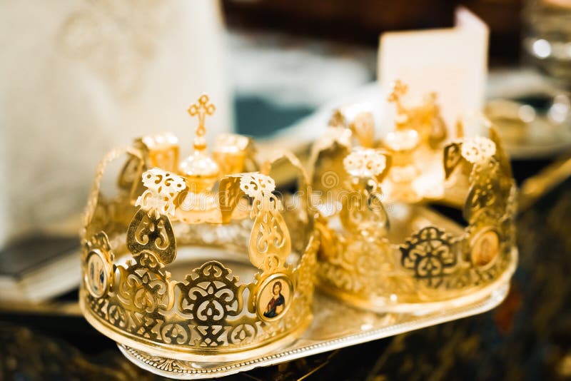 Golden Crowns Lying on the Table in Church Stock Photo - Image of ...