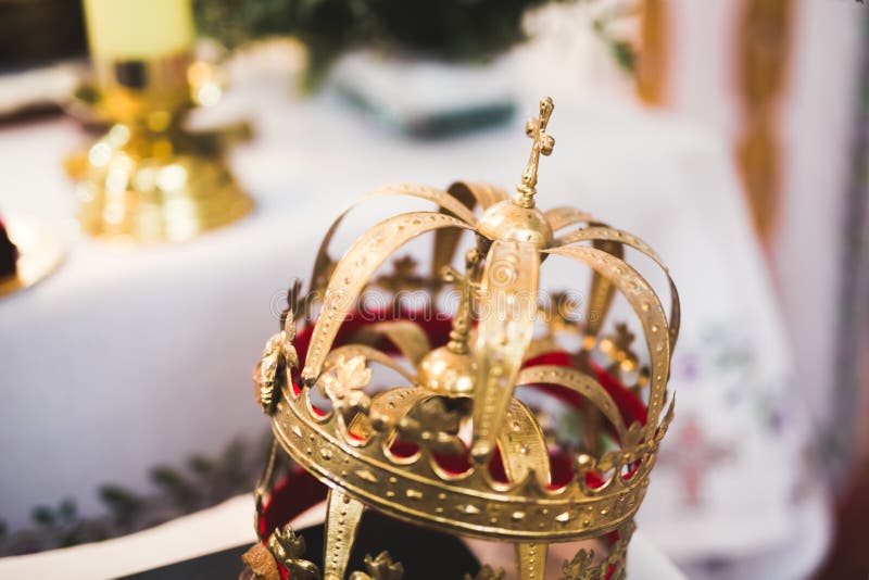 Golden Crowns Lying on the Table in Church Stock Photo - Image of ...