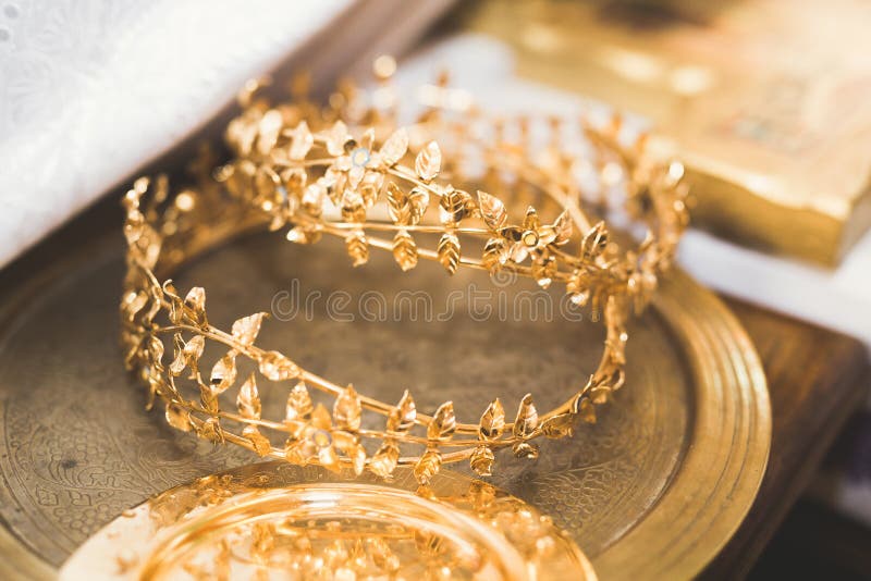 Golden Crowns Lying on the Table in Church Stock Photo - Image of ...
