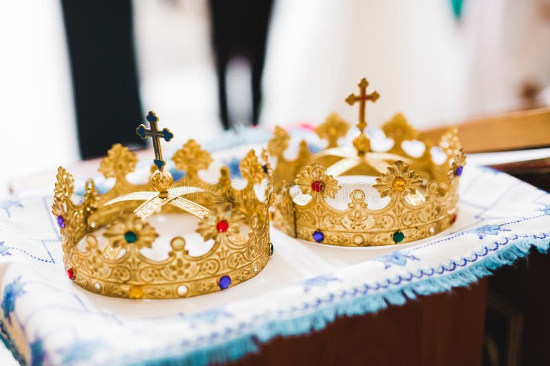 Golden Crowns Lying on the Table in Church Stock Photo - Image of ...