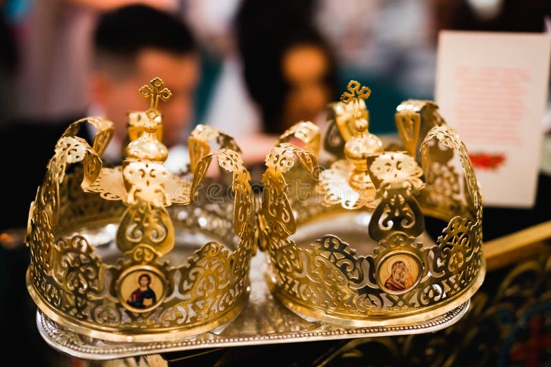 Golden Crowns Lying on the Table in Church Stock Image - Image of ...