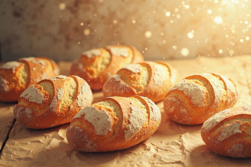 Golden Crusty Bread Loaves Flour Dusting Warm Rustic Light Stock Photos ...
