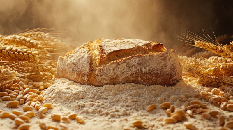 Golden Crusty Loaf of Bread Surrounded by Wheat and Flour Stock ...