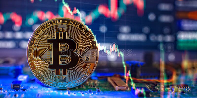 Golden Cryptocurrencies Bitcoin Golden Coin on Computer Circuit Board ...