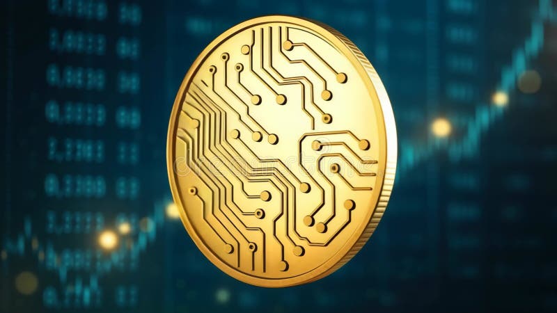 Golden Cryptocurrency Coin with Circuit Pattern on Digital Background ...