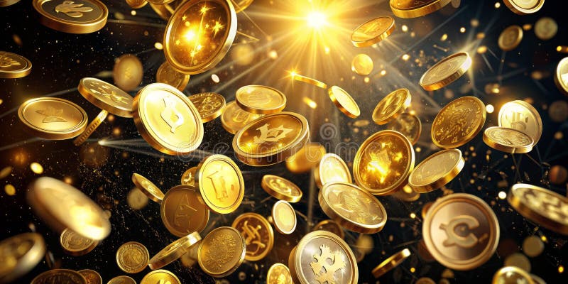 Golden Cryptocurrency Coins Raining Down on Black Background - 3D ...