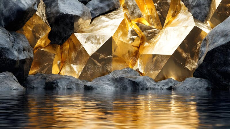 Golden Crystal Cave 3D Illustration Stock Illustration - Illustration ...