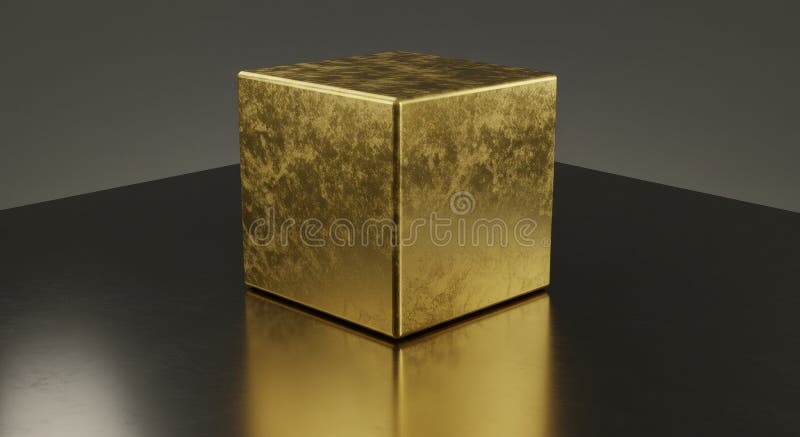 Golden Cube on Black Surface a Single Gold Cube Sits on a Reflective ...
