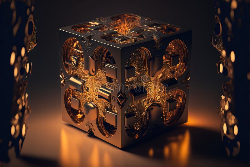 A Golden Cube with a Clock on it S Face and a Gold Design on the Side ...