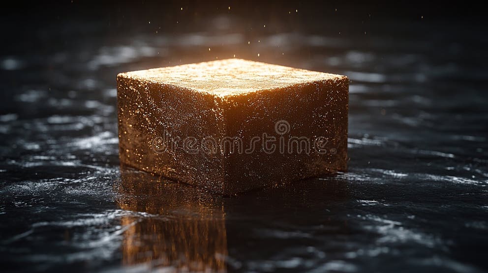 Golden Cube on Dark Reflective Surface Stock Photo - Image of glamour ...