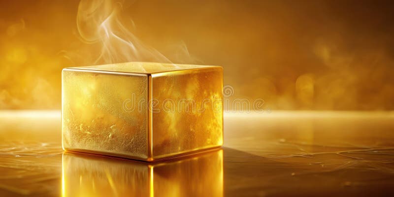 A Golden Cube Emits Steam on a Reflective Surface. Generative AI Stock ...
