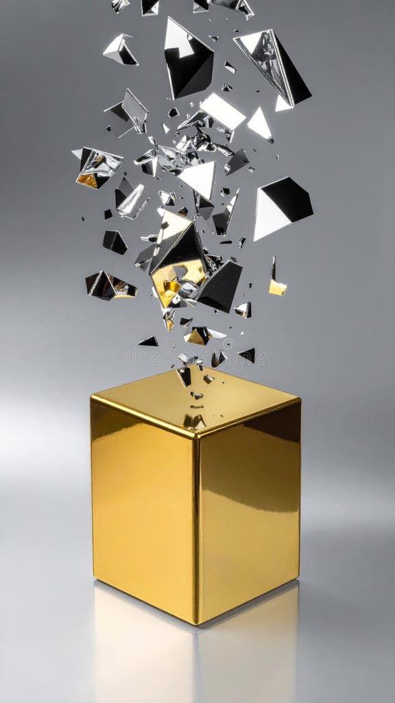 Golden Cube Erupting into Silver Metallic Shards on a Neutral Gray ...