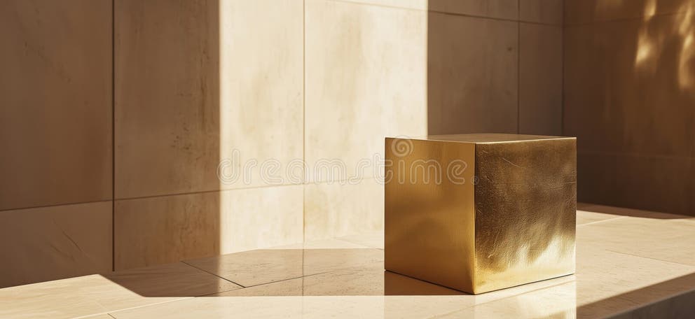 Golden Cube Sculpture Casting Shadows in Minimalist Interior Design Space Stock Image - Image of ...