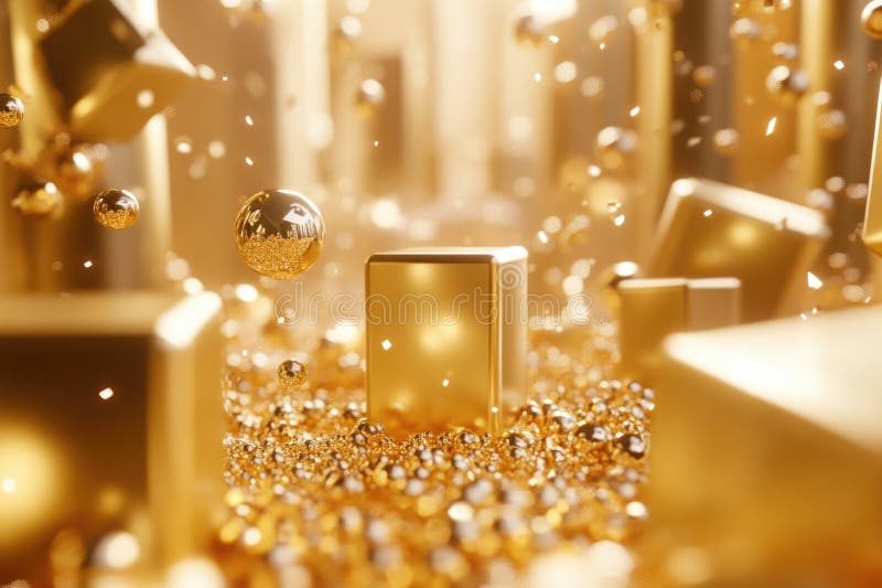 A Golden Cube Surrounded by Various Shiny Objects Stock Image - Image ...